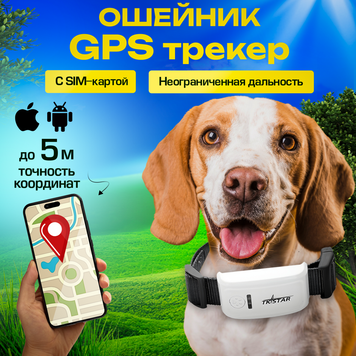 GPS Ошейник Кот Бегемот TK-909 TK-STAR, для собак, функция GPS, чёрный