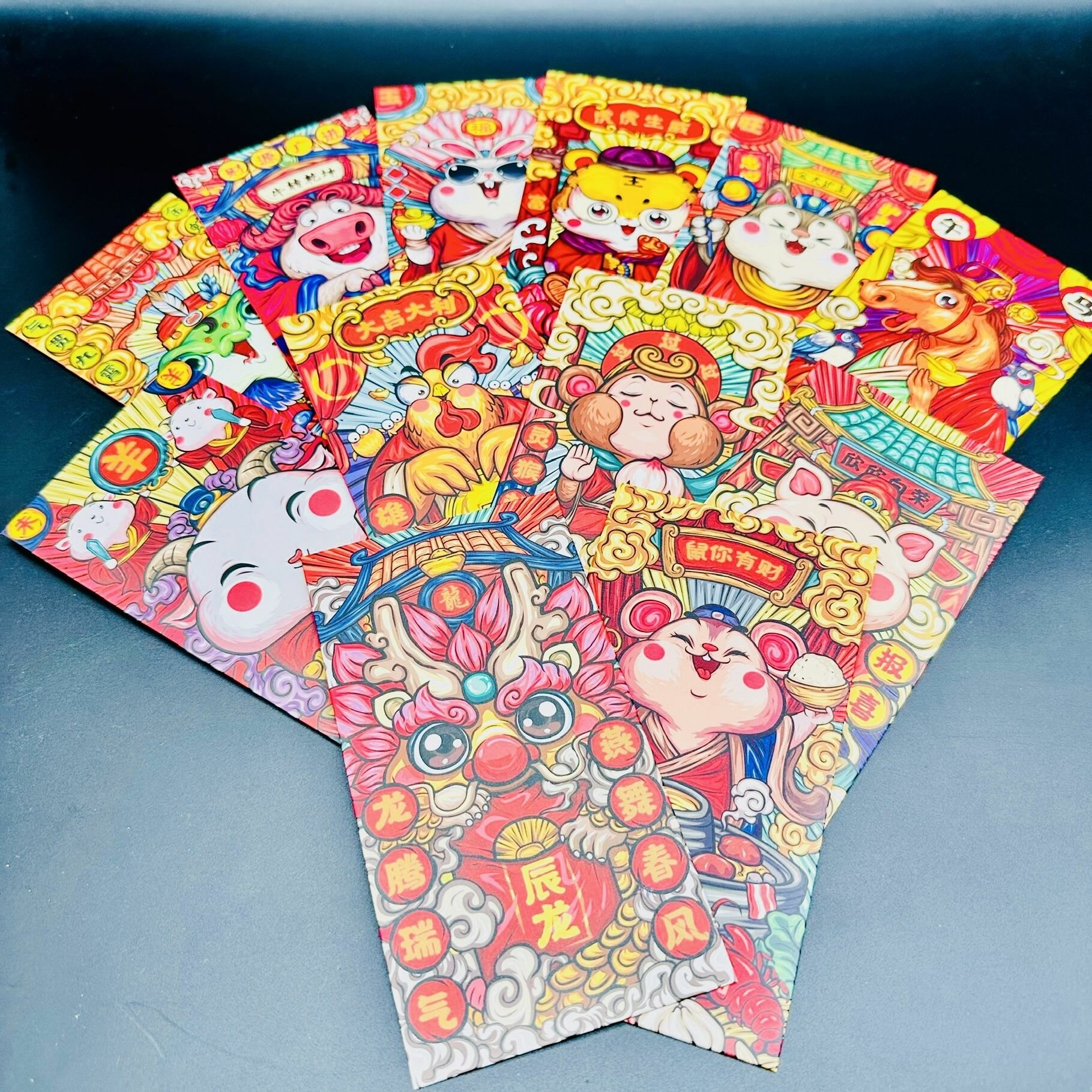 Комплект красных подарочных конвертов для денег "Фэн-шуй", Восточный гороскоп - 12 шт.