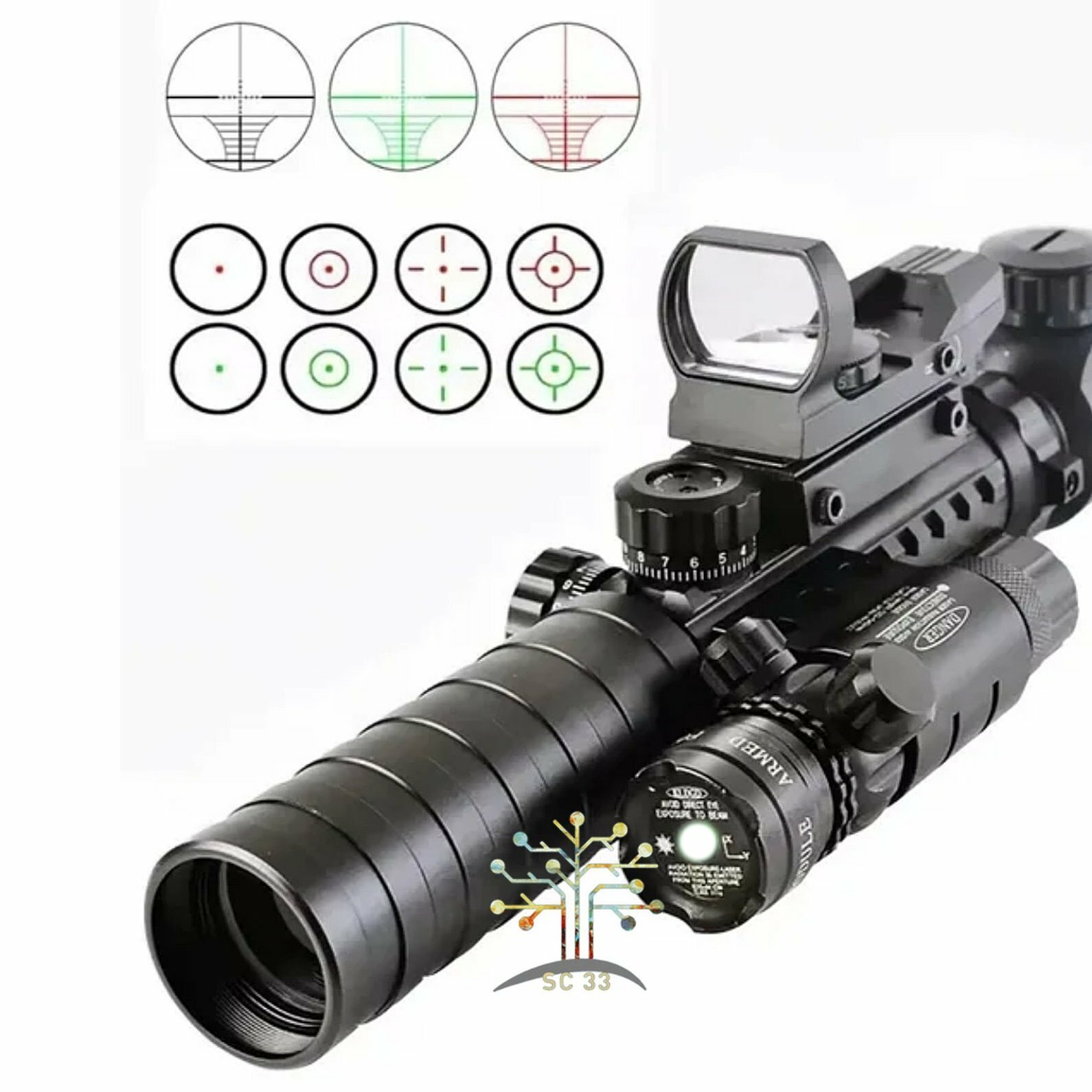 Оптический прицел 3-9X32 EG c подсветкой с лазерным целеуказателем и коллиматорным прицелом hd101 в комплекте/ Прицел голографический 3 в 1 тактический для крепления ласточкин хвост и Weaver