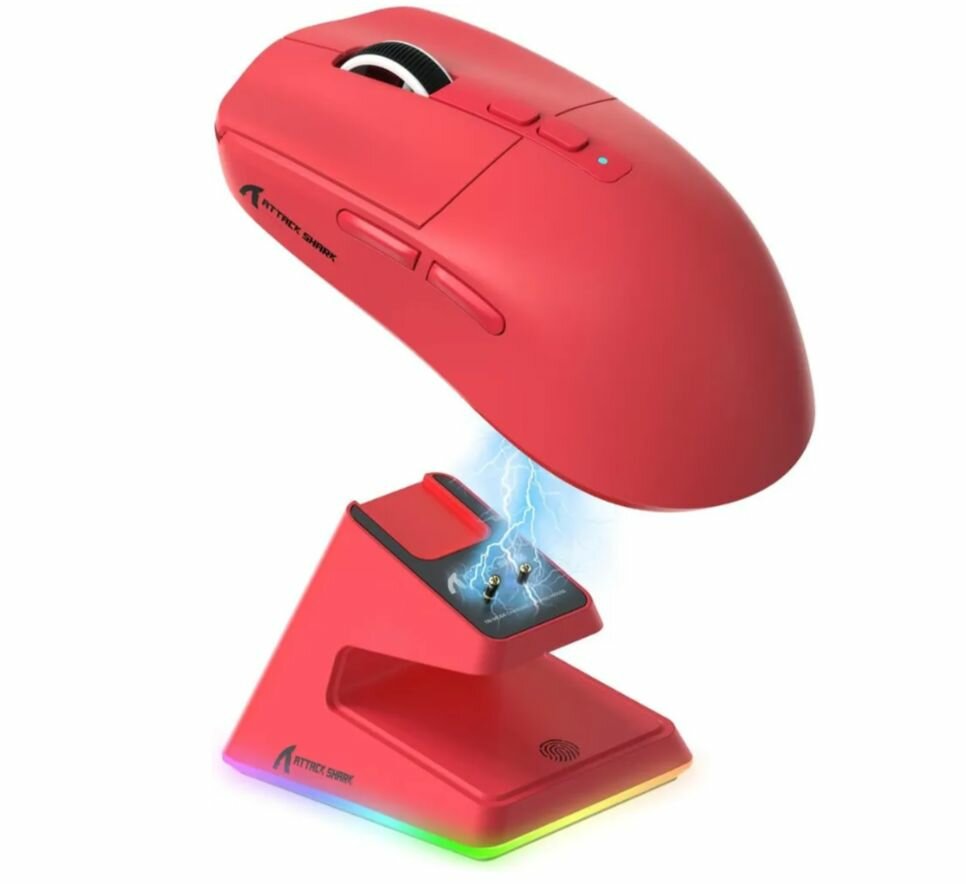 Беспроводная игровая мышь Attack Shark X6 с док-станцией, Bluetooth + 2.4Ghz USB, 26000Dpi, красный