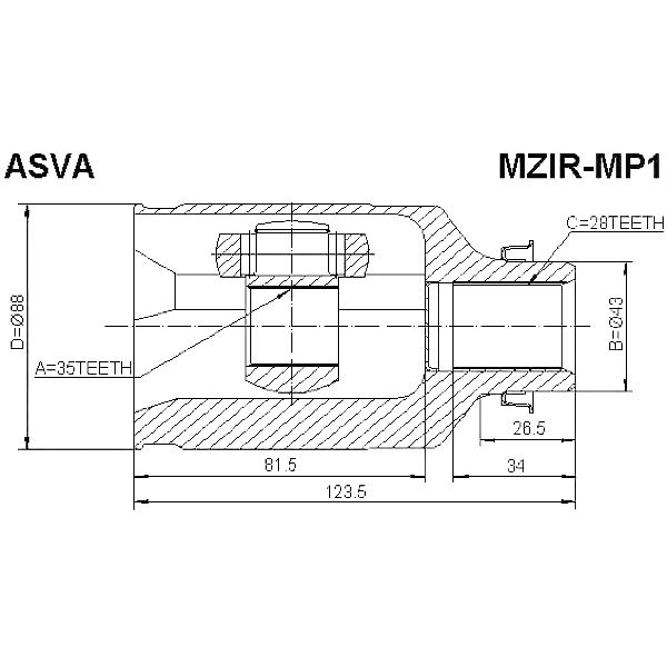 ASVA mzir-mp1 (GD4622520 / GD4622520A) шрус внутренний правый 35x43x28 Mazda (Мазда) Mazda (Мазда) mpv