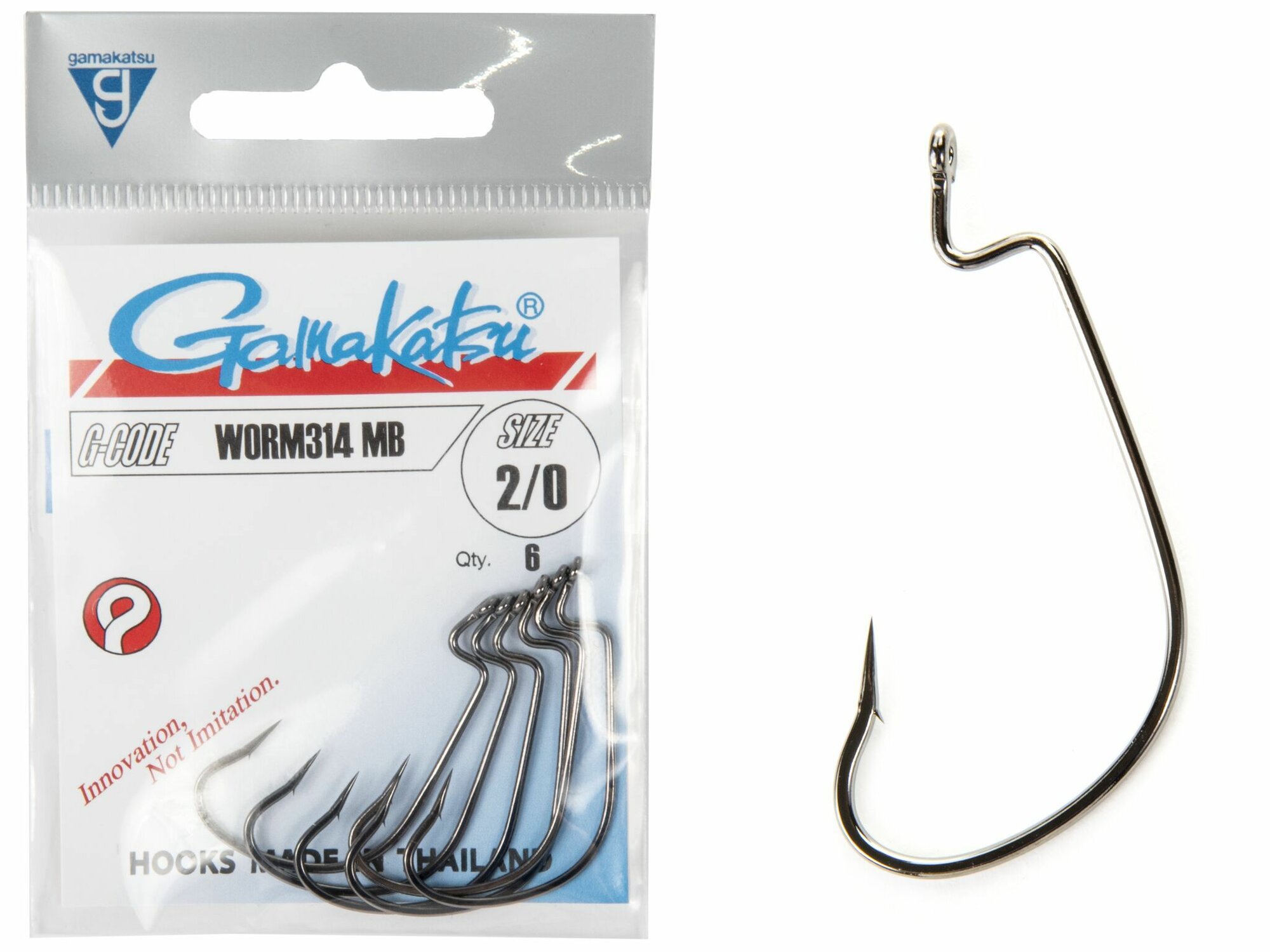 Крючки для рыбалки офсетные металлические набор на щуку и сома, Gamakatsu Worm 314 HOOKS разм. 2/0 6шт. по 1 упак, снасти карповые летние Япония