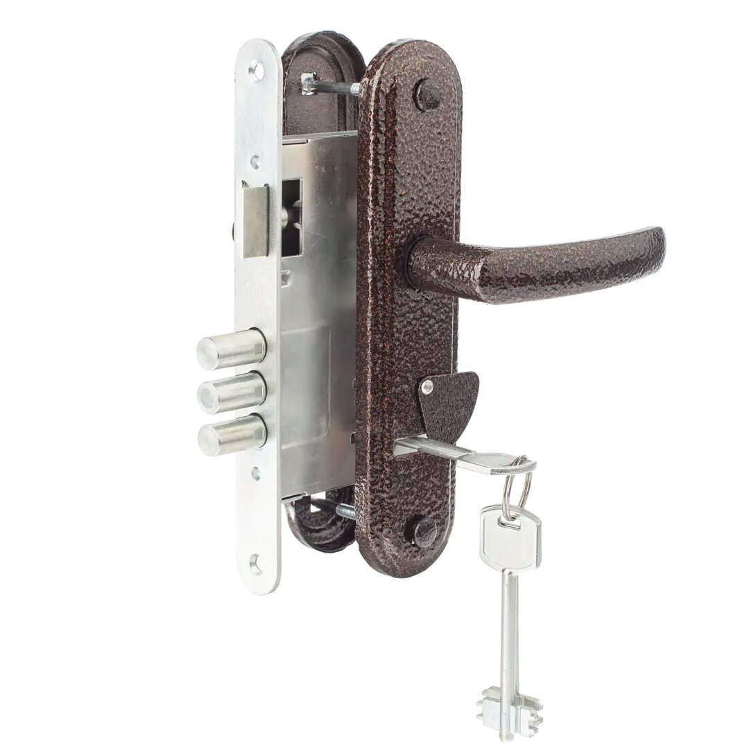 Замок врезной сувальдный с защелкой управляемой ручками 3В9.1-02 медь