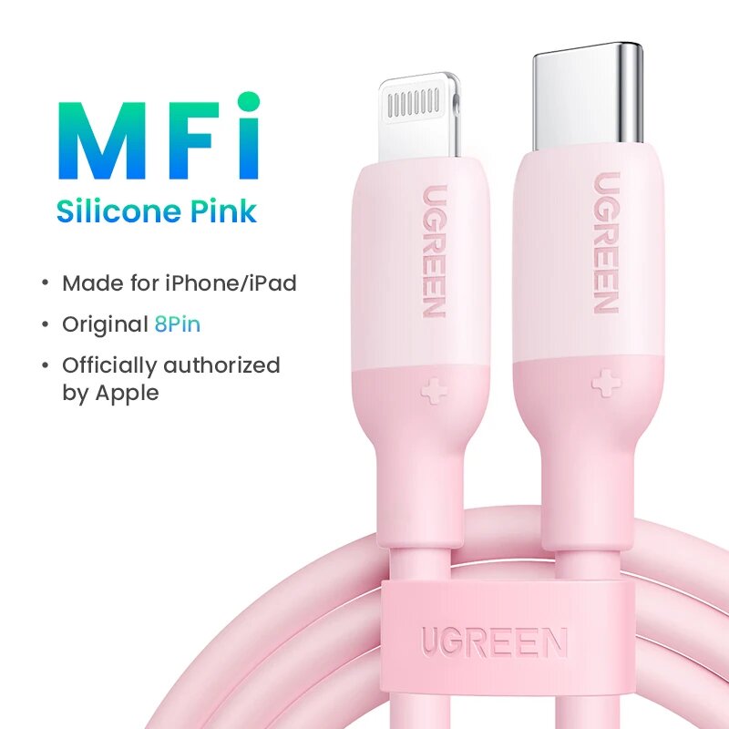 Кабель UGREEN MFi с USB C на Lightning PD20W, быстрая зарядка для iPhone 14 13 12 1 м, Silicone Pink