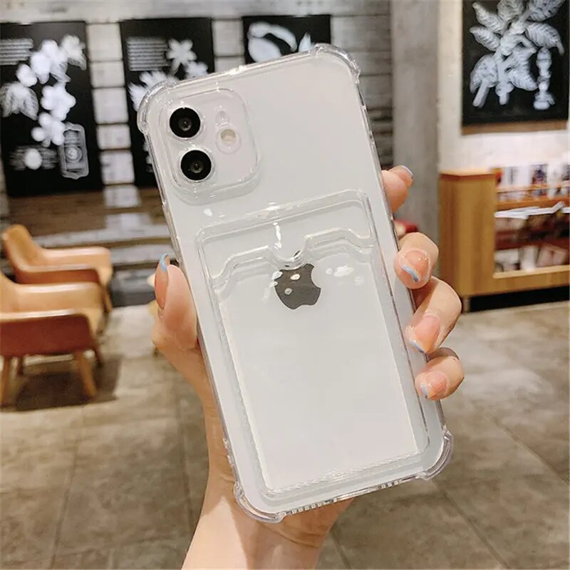 Прочный держатель для карточек, прозрачный чехол для телефона для iPhone 13 12 11 Pro Max XR X XS SE 2020 7 8 Plus, мягкий противоударный чехол из ТПУ