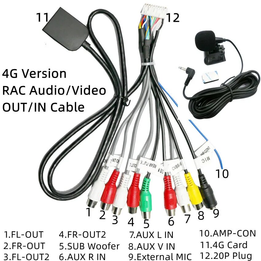 Аудиовыход для сабвуфера FR/FL*2, аксессуары, 20-контактный RCA-кабель, Aux-in, With 4G SIM Slot-MIC
