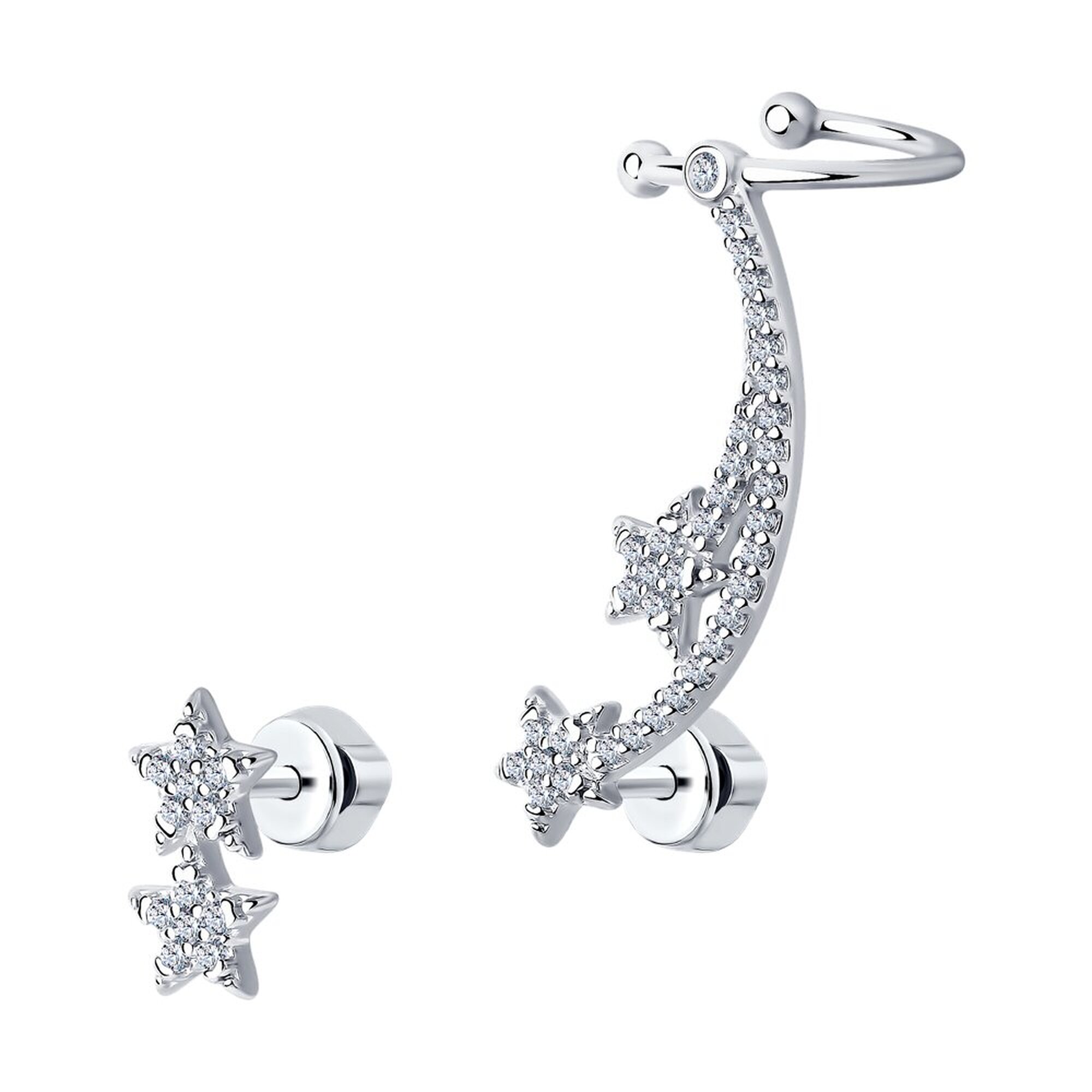 Серьги непарные, пусеты, серебро, 925 проба, родирование, фианит