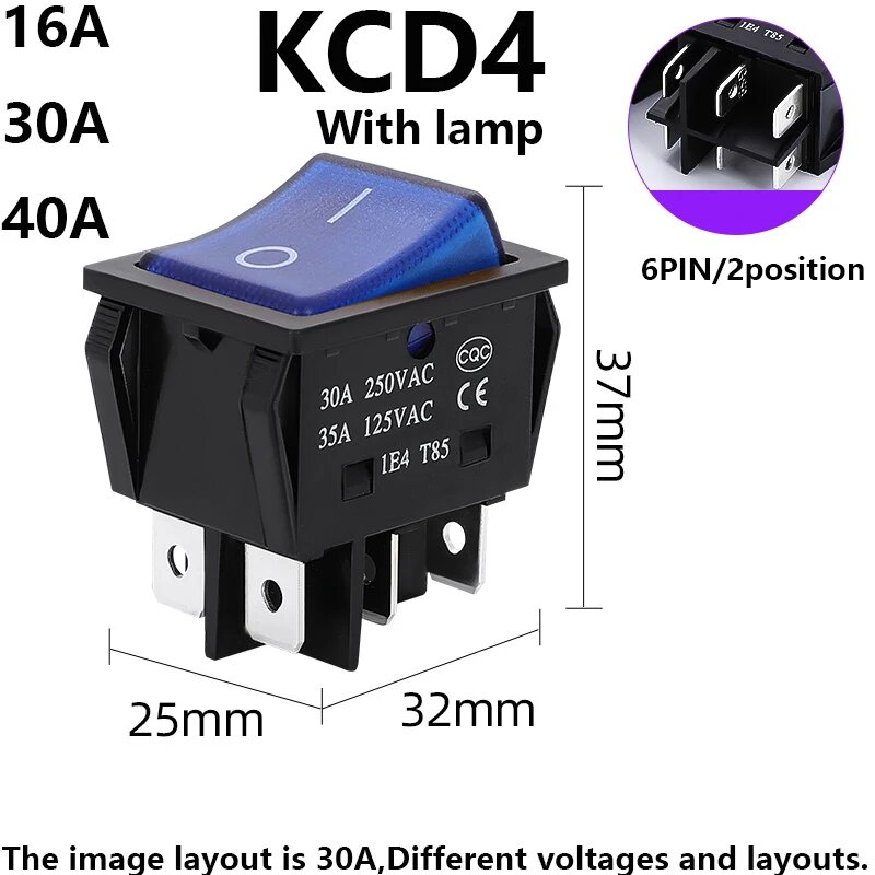 Переключатели кнопки питания KCD4, пластик, 30/35A 250/125 В переменного 40A, 2position 6PIN Blue