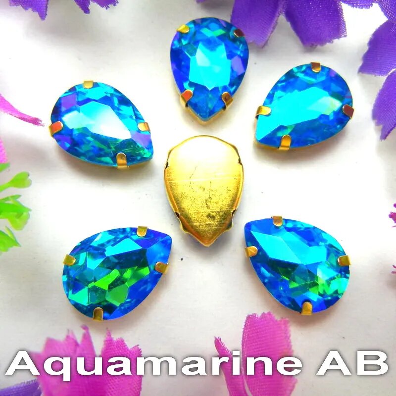 Стеклянные кристаллы SNCRYSTAL капля золото 7 размеров Бирюзовый, 20x30mm 10pcs, A27 Aquamarine AB