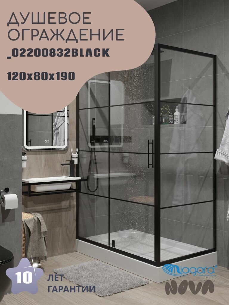 Душевое ограждение Niagara Nova NG-0220-08ВLACK (120х80х195) прямоугольник, черный, дверь распашная, стекло с рисунком,1 место