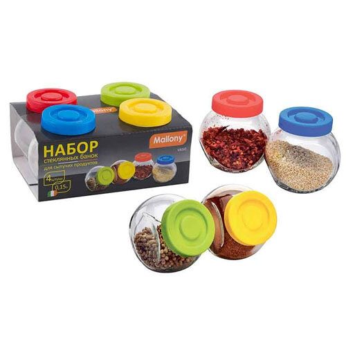Банки для сыпучих продуктов Mallony стекло, пластиковые крышки, 4х150 мл (003606)