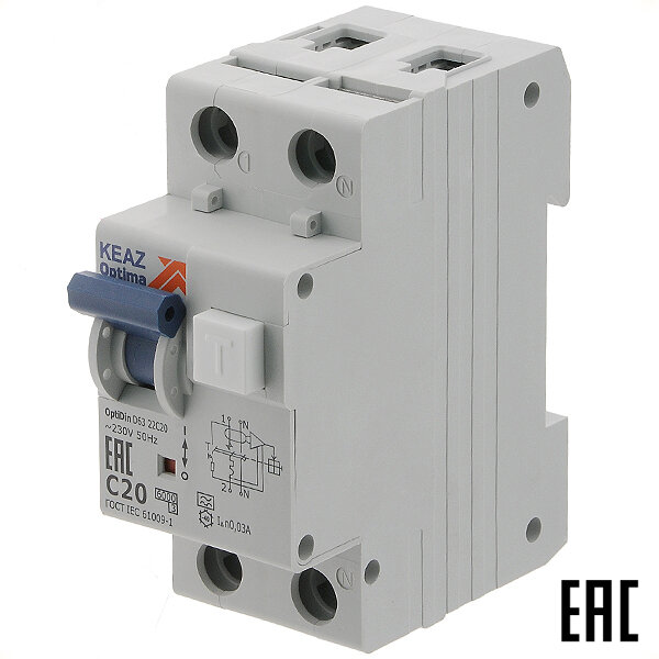 Дифференциальный автоматический выключатель КЭАЗ OptiDin Д63-22С20-УХЛ4-А (тип А) 20А-30мА 230В 1Р+N 103508