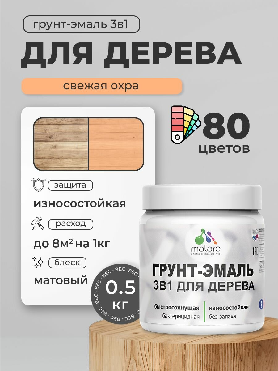 Акриловая Грунт-Эмаль 3 в 1 Malare для деревянных поверхностей/ краска по дереву с антисептическим эффектом/ быстросохнущая моющаяся без запаха матовая, свежая охра, 0.5 кг
