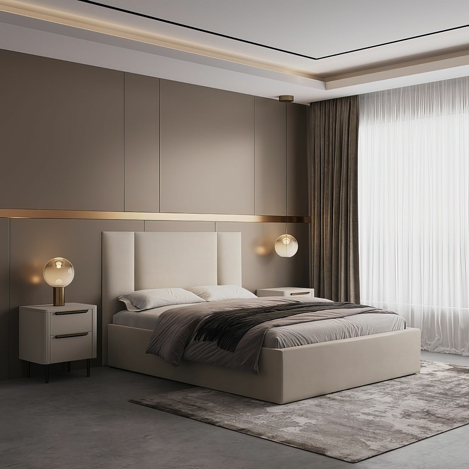 Кровать 140х200 двуспальная с ортопедическим основанием, бежевая