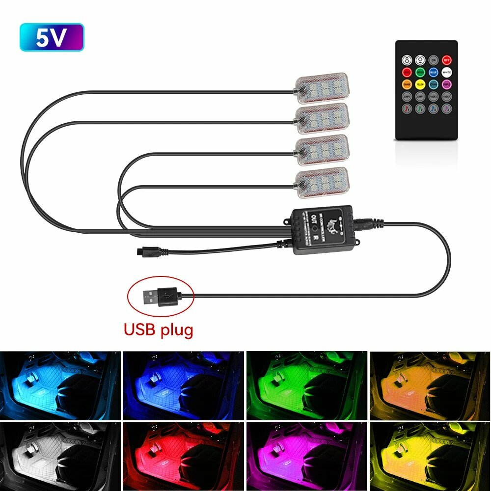 Светодиодная подсветка салона авто, 5V USB, Remote