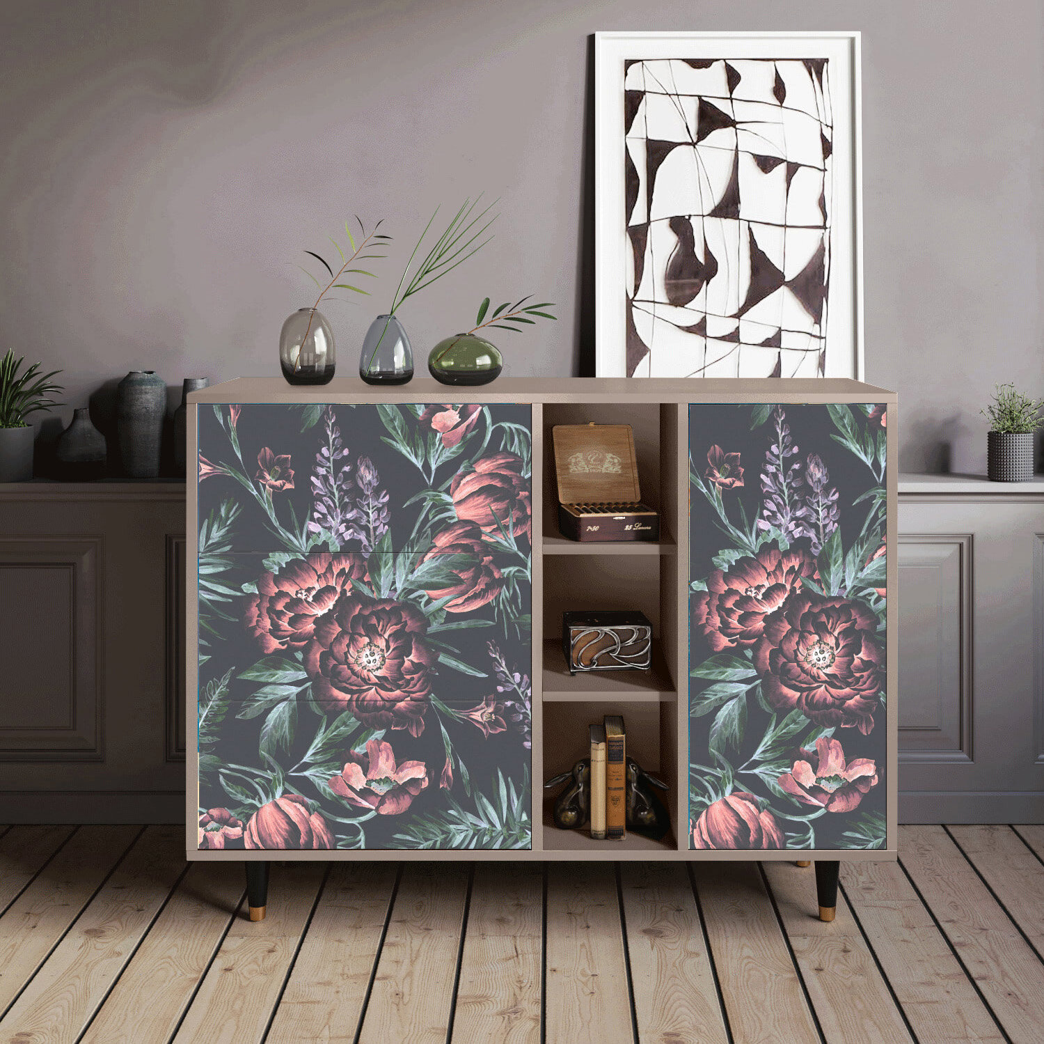 Комод - STORYZ - BS2 Dark Peonies, Разер - 125 x 97 x 48 см , Цвет корпуса - Бежевый