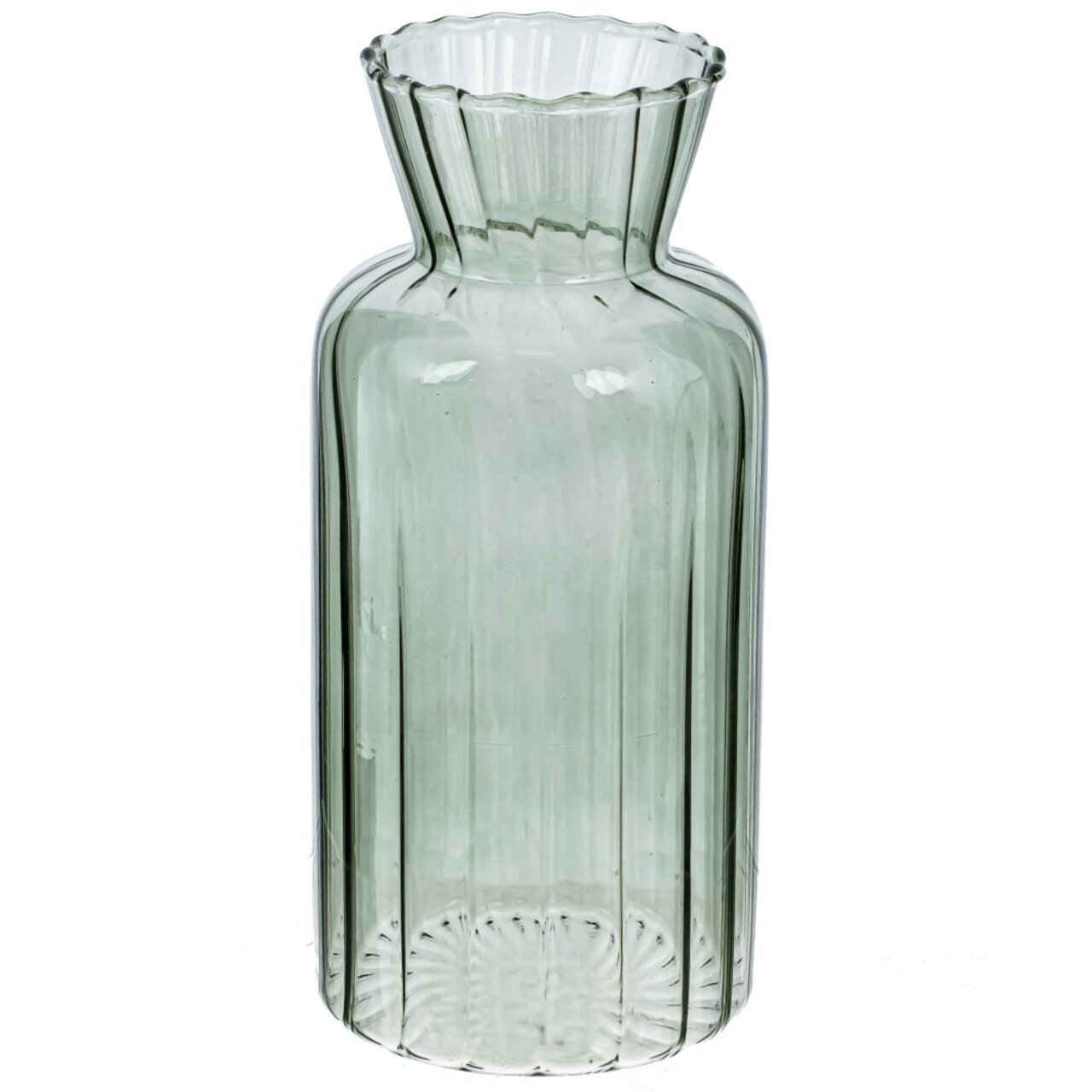 Зелёная стеклянная ваза-бутыль, оригинальная форма и размеры 7х7х15 см, стильное решение
