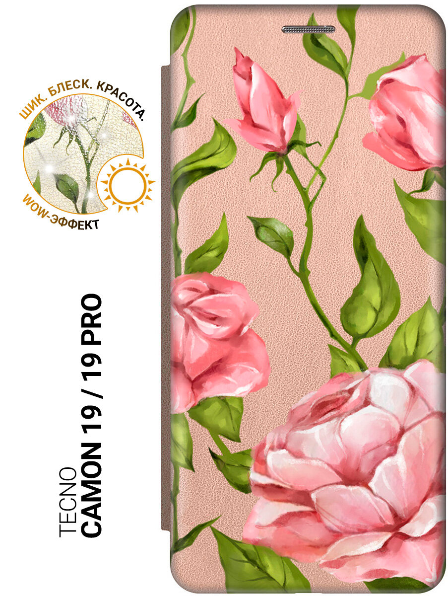 Чехол-книжка на Tecno Camon 19 / 19 Pro / Техно Камон 19 / 19 Про с рисунком "Amazing Roses" золотой