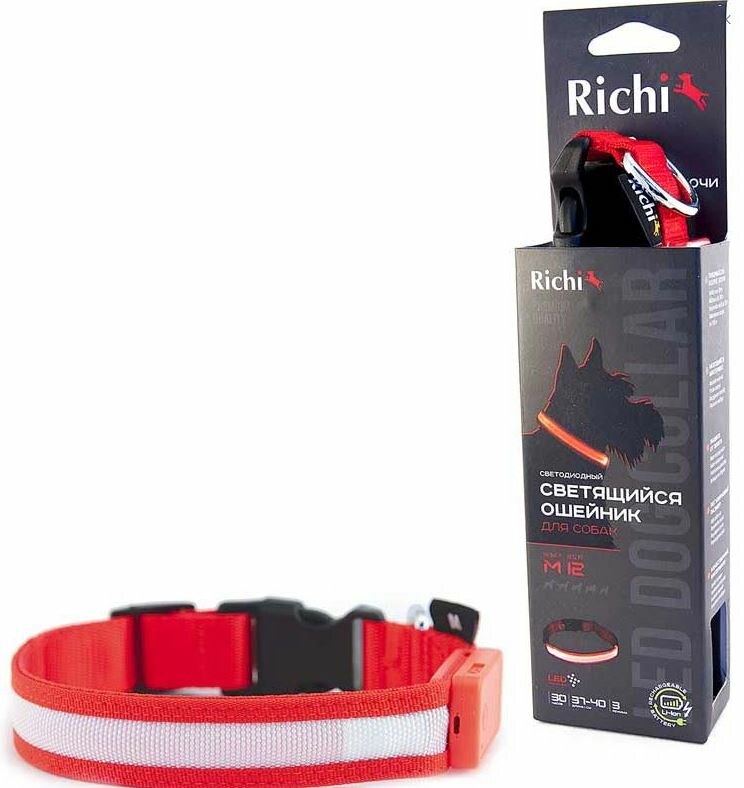 RICHI Ошейник USB LED со светящейся лентой, 3 режима, зарядка от USB, 37-40см (M) красный