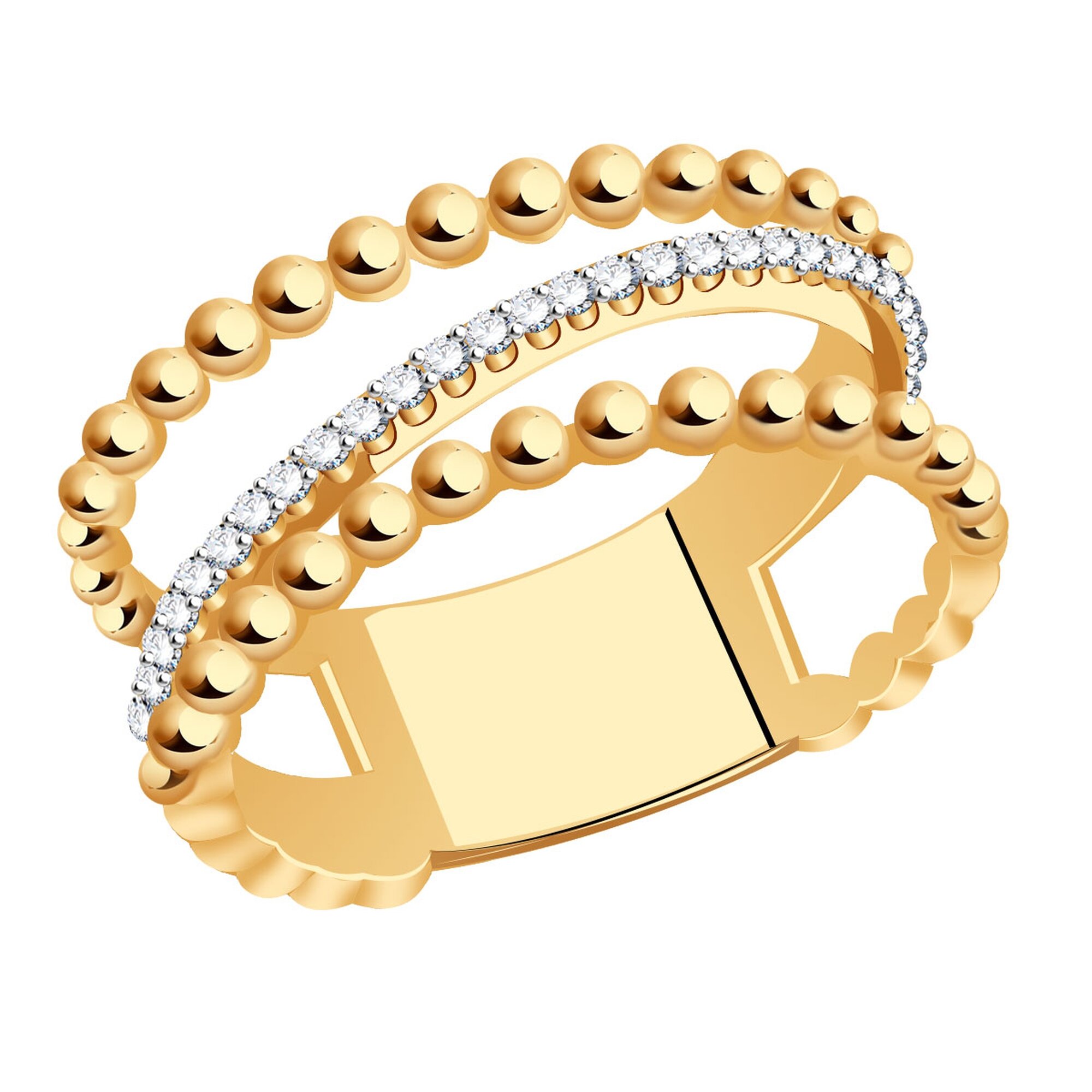 Кольцо широкое, дорожка, красное золото, 585 проба, фианит