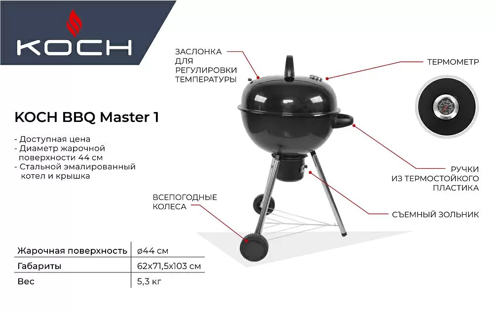 Угольный гриль Koch BBQ Master 1, металлический, колеса для перемещения, черно-серый — фото 1