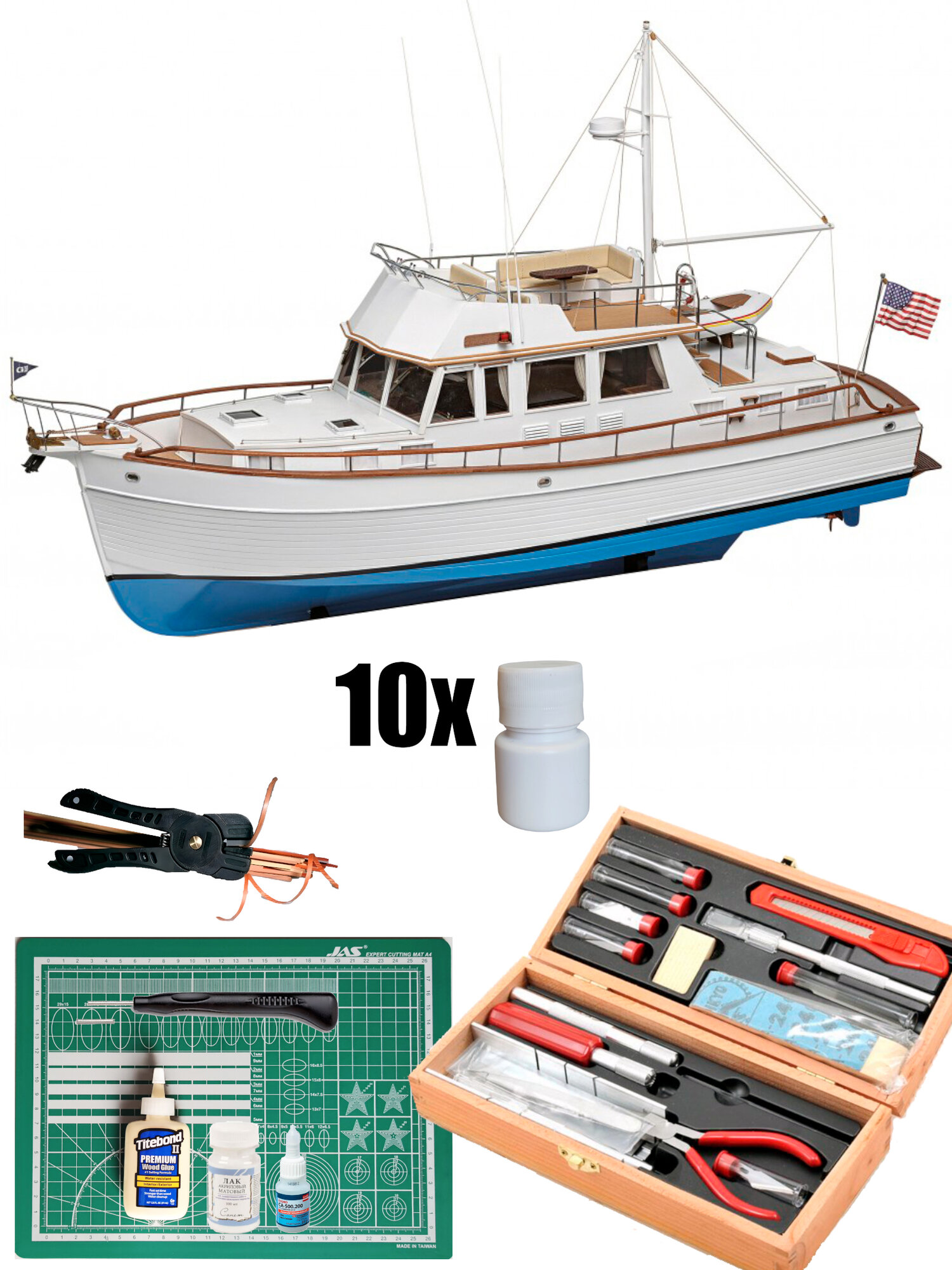 Сборная модель яхты от Amati, Grand Banks Classic, 350 часов, подарочный набор, инструменты, краски, лак, клея