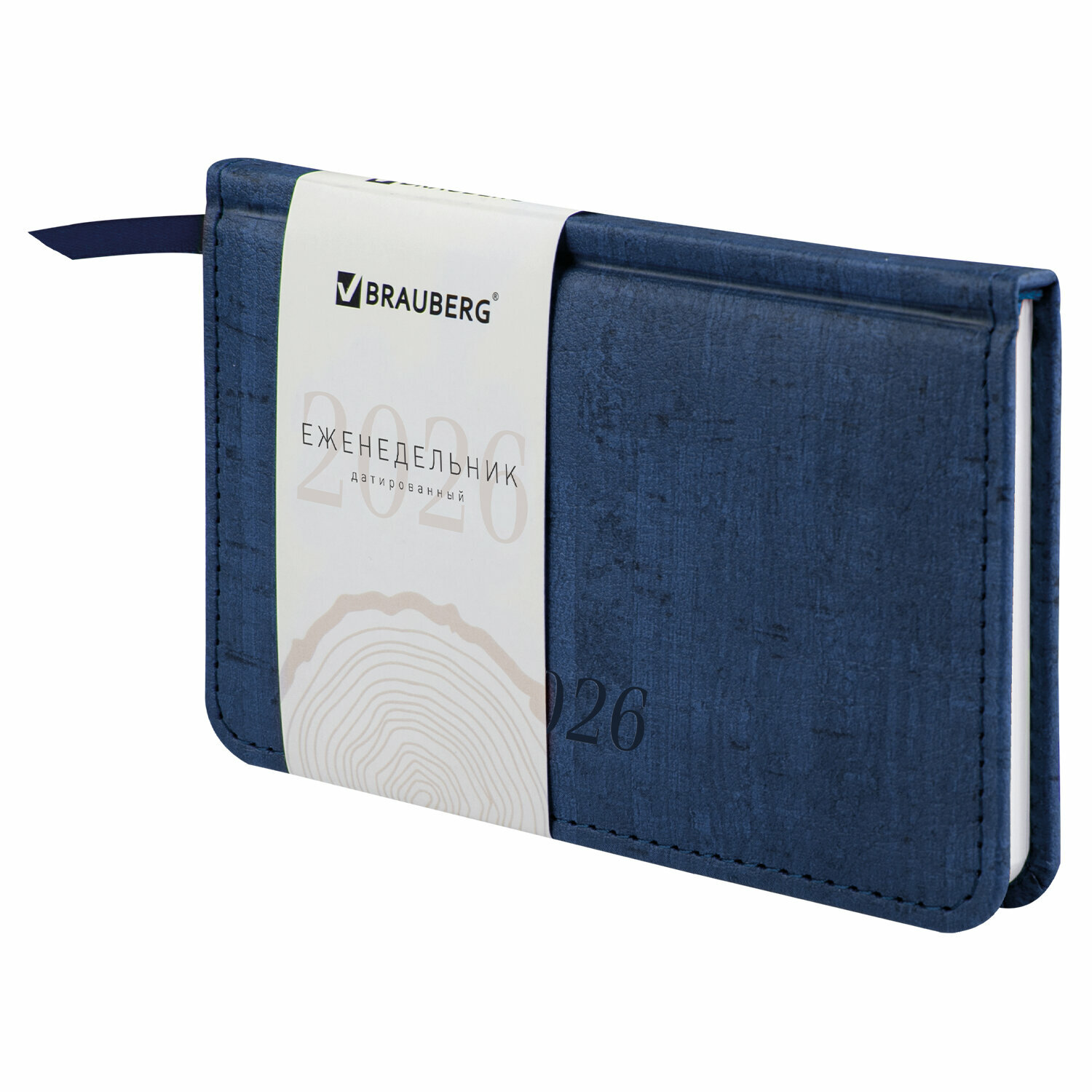 Еженедельник датированный 2026 малый формат 95х155 мм, А6, BRAUBERG "Wood", под кожу, синий, 117195