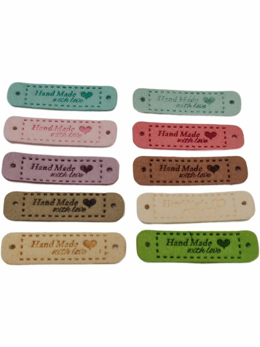 Нашивки бирки для одежды, шитья и рукоделия "HandMade". Пастэльные оттенки, эко кожа. (10 разноцветных штук).