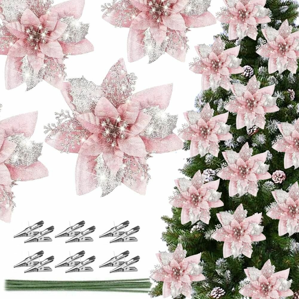 12 шт. блестящих искусственных цветов с зажимами, украшения для рождественской елки, декор для праздничного домашнего вечера