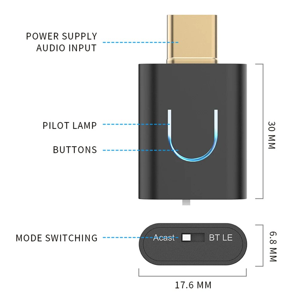 VODOOL Беспроводной аудиоадаптер Bluetooth 5.4 Type-C