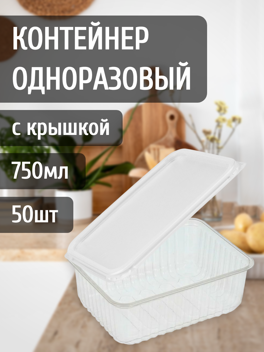 Контейнер прямоугольный с крышкой, 750 мл, 179х132х50мм Д-Полимер 50 шт