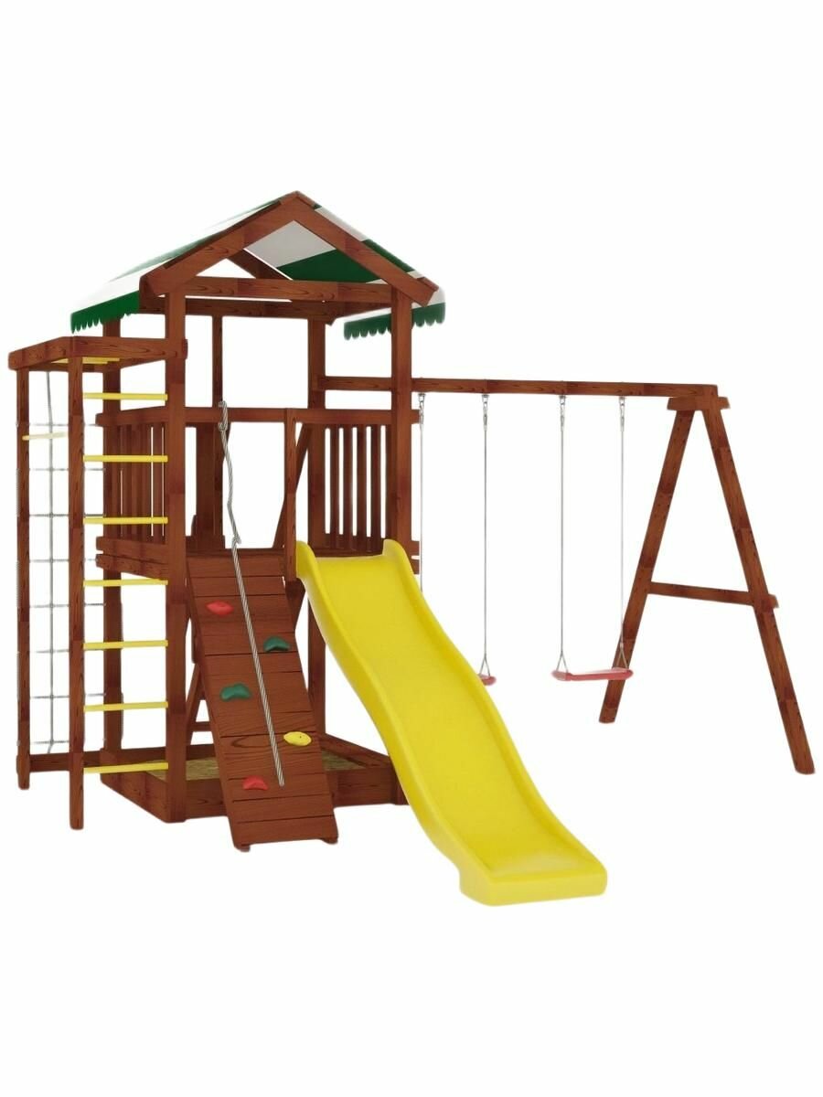 Детская игровая площадка для улицы с горкой и скалодромом Савушка Мастер 5 (Махагон). Игровой спортивный комплекс детский уличный для дачи с горкой.