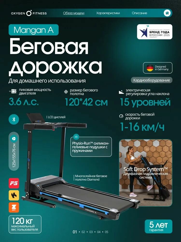 Беговая дорожка Oxygen Fitness Mangan A, электрическая, до 120кг, складная