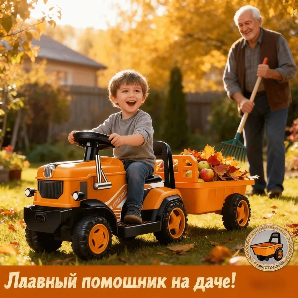 Детский электромобиль-трактор с прицепом, 2 в 1 аккумуляторный трактор и каталка-толокар, музыкальный руль, свет, для дачи