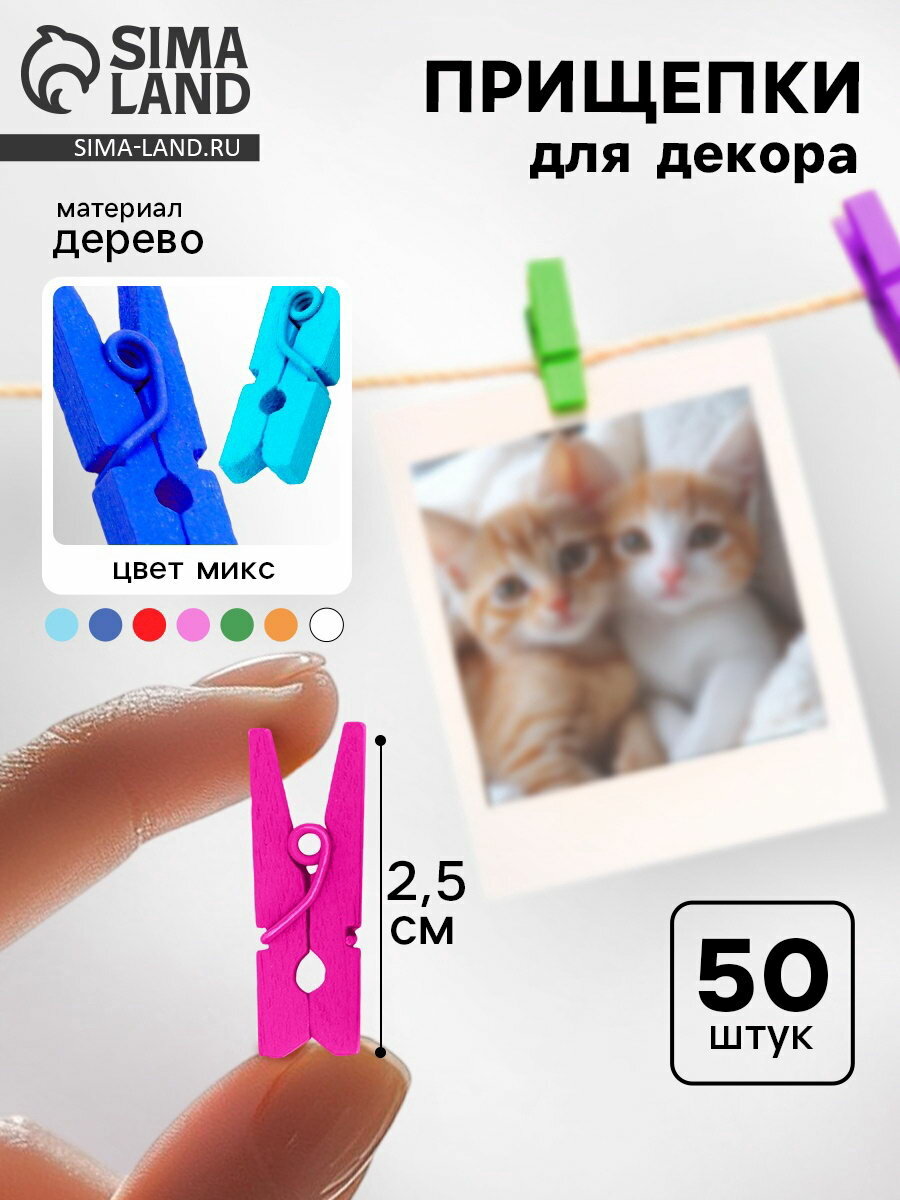 Прищепки для декора "Классика", набор 50 шт, 2.5 см, микс, вид декора: прищепки