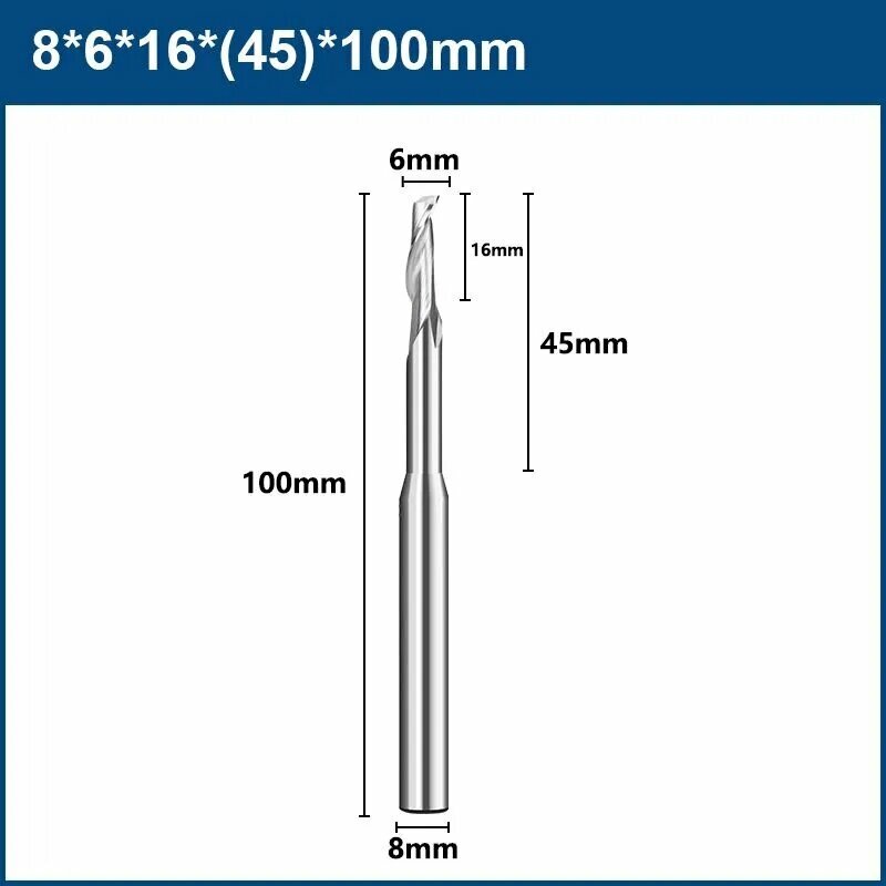 Фреза спиральная однозаходная HSS 8х6х16х100 мм Для дерева/алюминия Для стола фрезера/фрезерного станка 1 шт