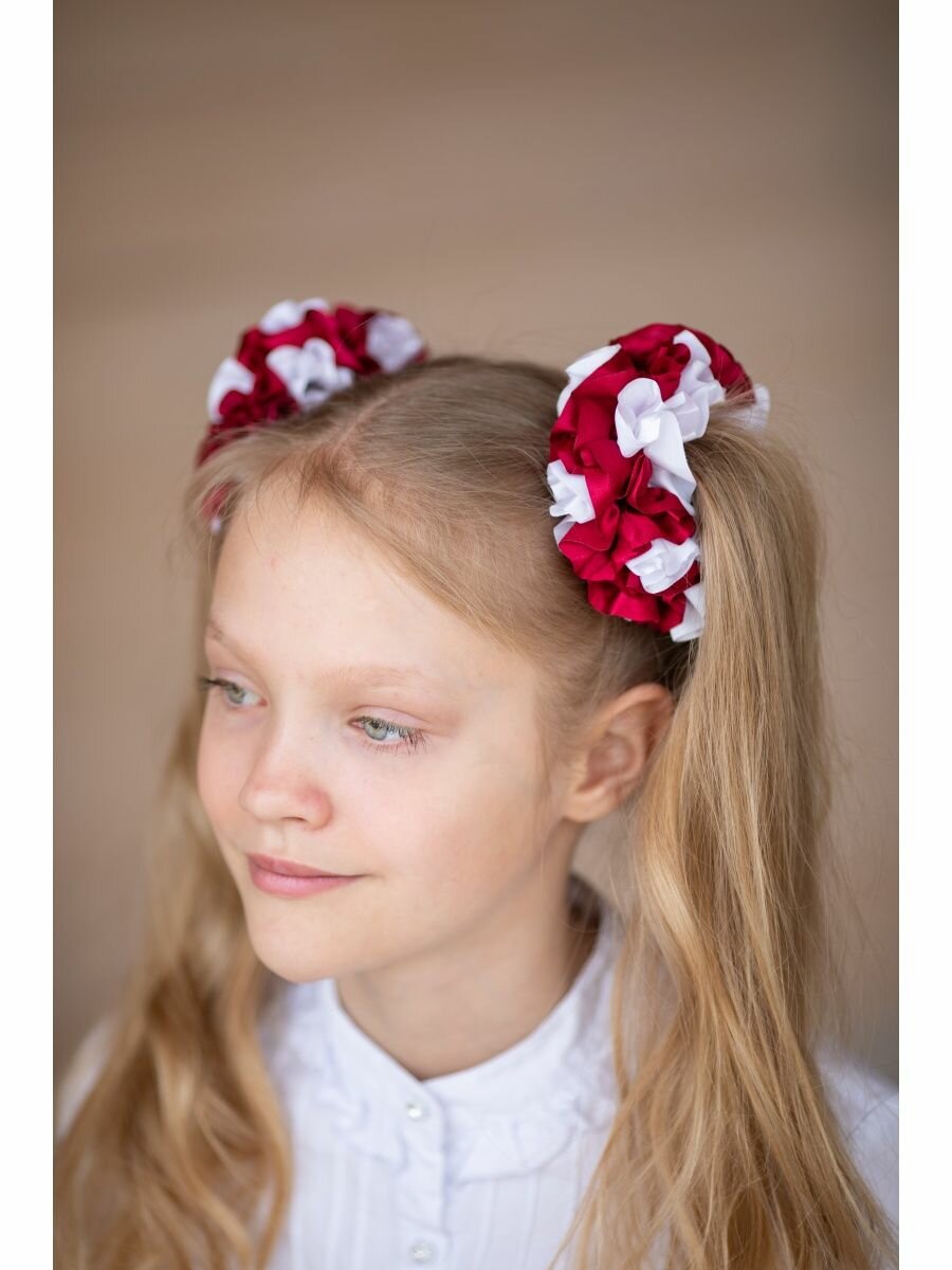 Банты для волос школьные большие пышные на резинке атласные бело-бордовые