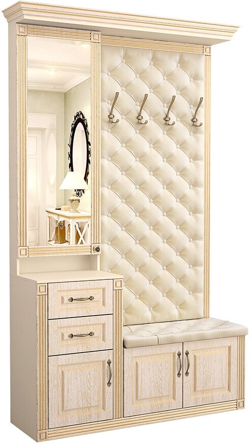 Прихожая с мягкой обивкой Чарли Голд 4 Фабрика Стиль, 139.2x230x42 см, Белое дерево 1155 BD ADI с золотой патиной