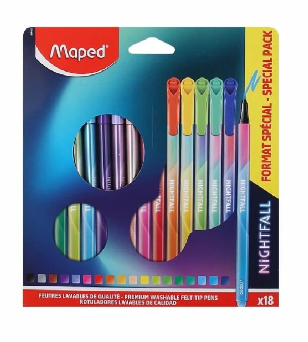 Фломастеры 18цв. «NIGHTFALL»с заблокированным пишущим узлом, декорированные, сред. пишущий узел, с