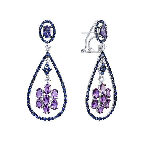 Серьги JV, белое золото, 750 проба, сапфир, аметист, иолит, бриллиант