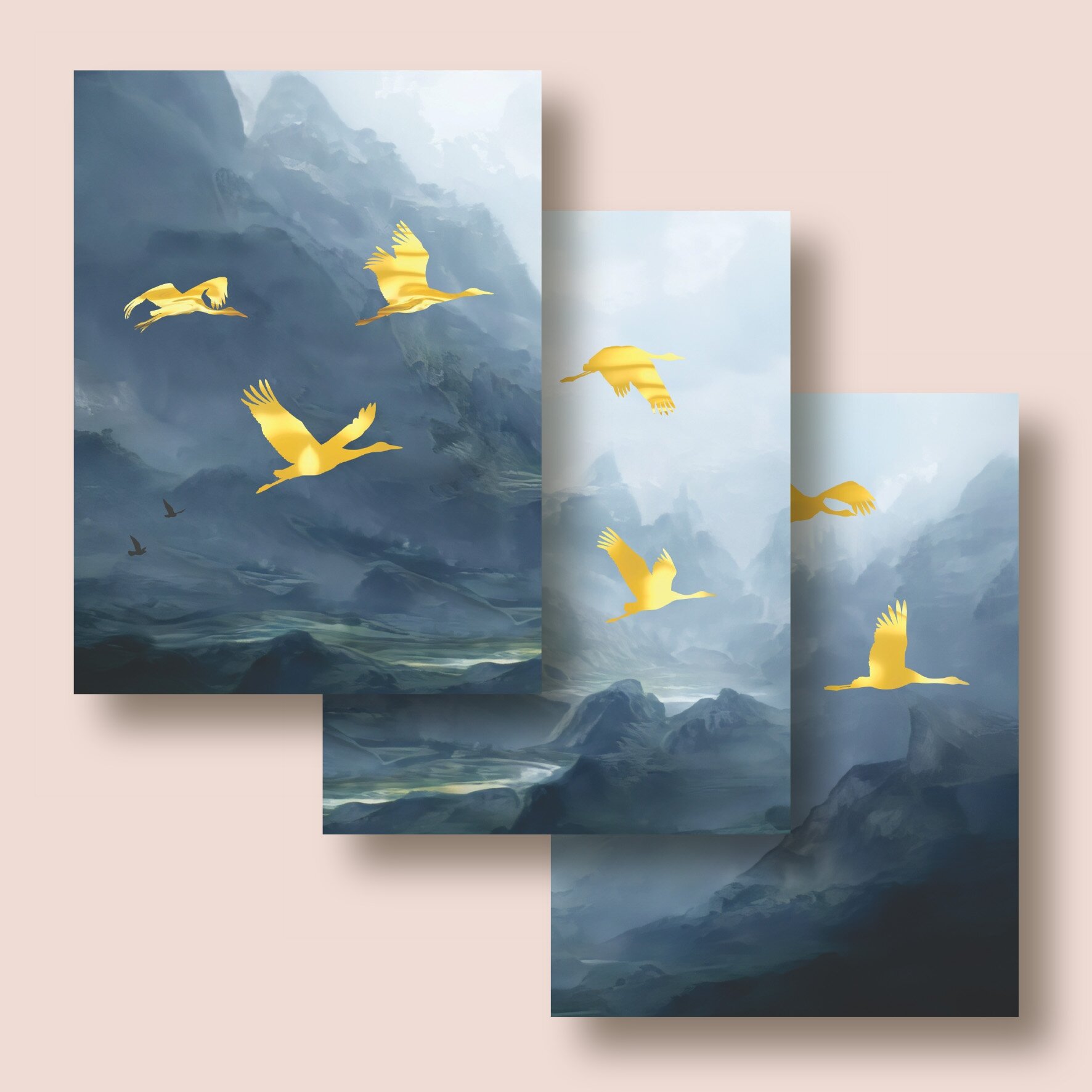 Постеры интерьерные золотые (3 штуки, 30х40 см). Картины /декор для дома / интерьерный коллаж. Журавли