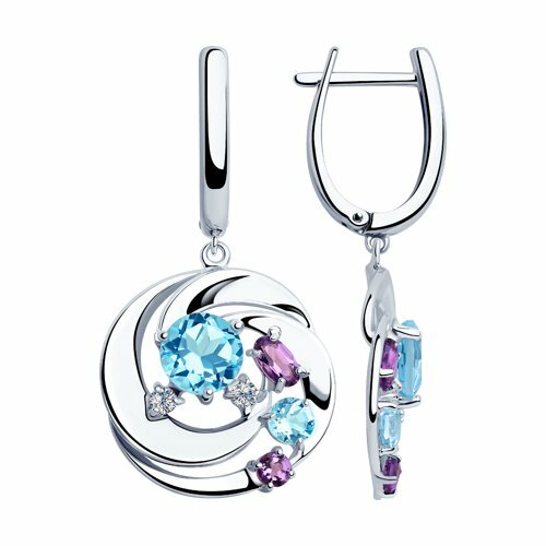 Серьги с подвесками, серебро, 925 проба, родирование, топаз, аметист