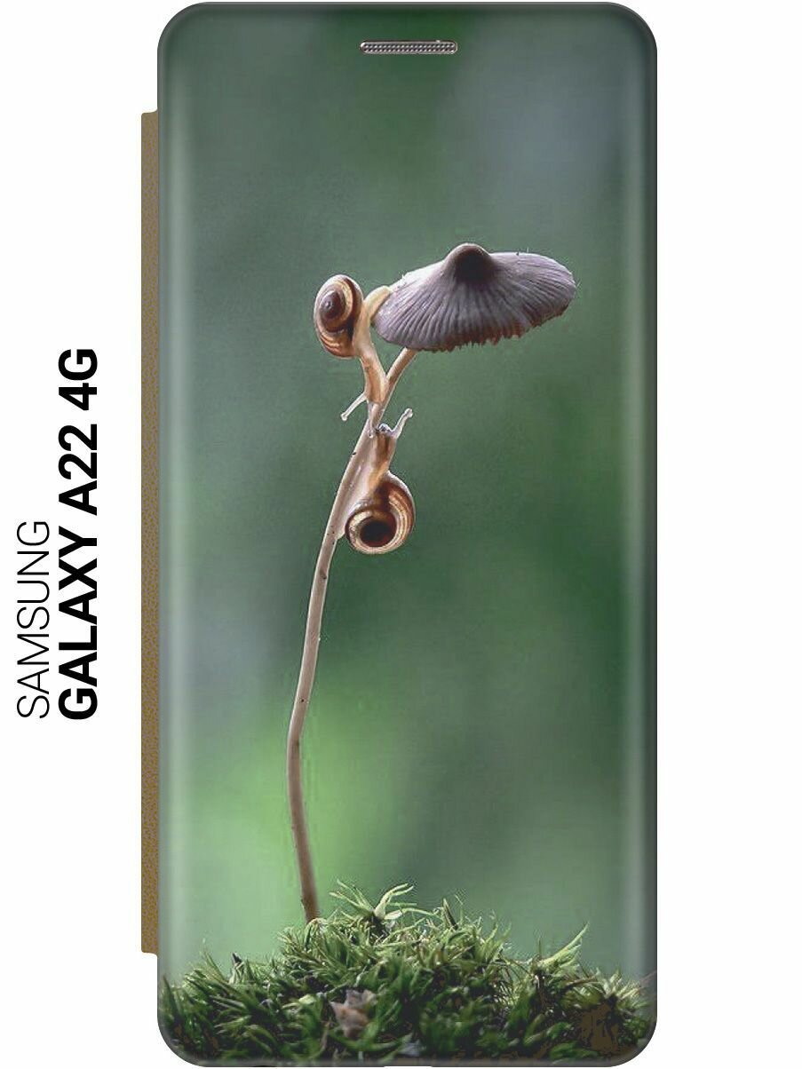 Чехол-книжка на Samsung Galaxy A22, M32, M22, Самсунг А22, М32, М22 c принтом "Две улитки" золотистый