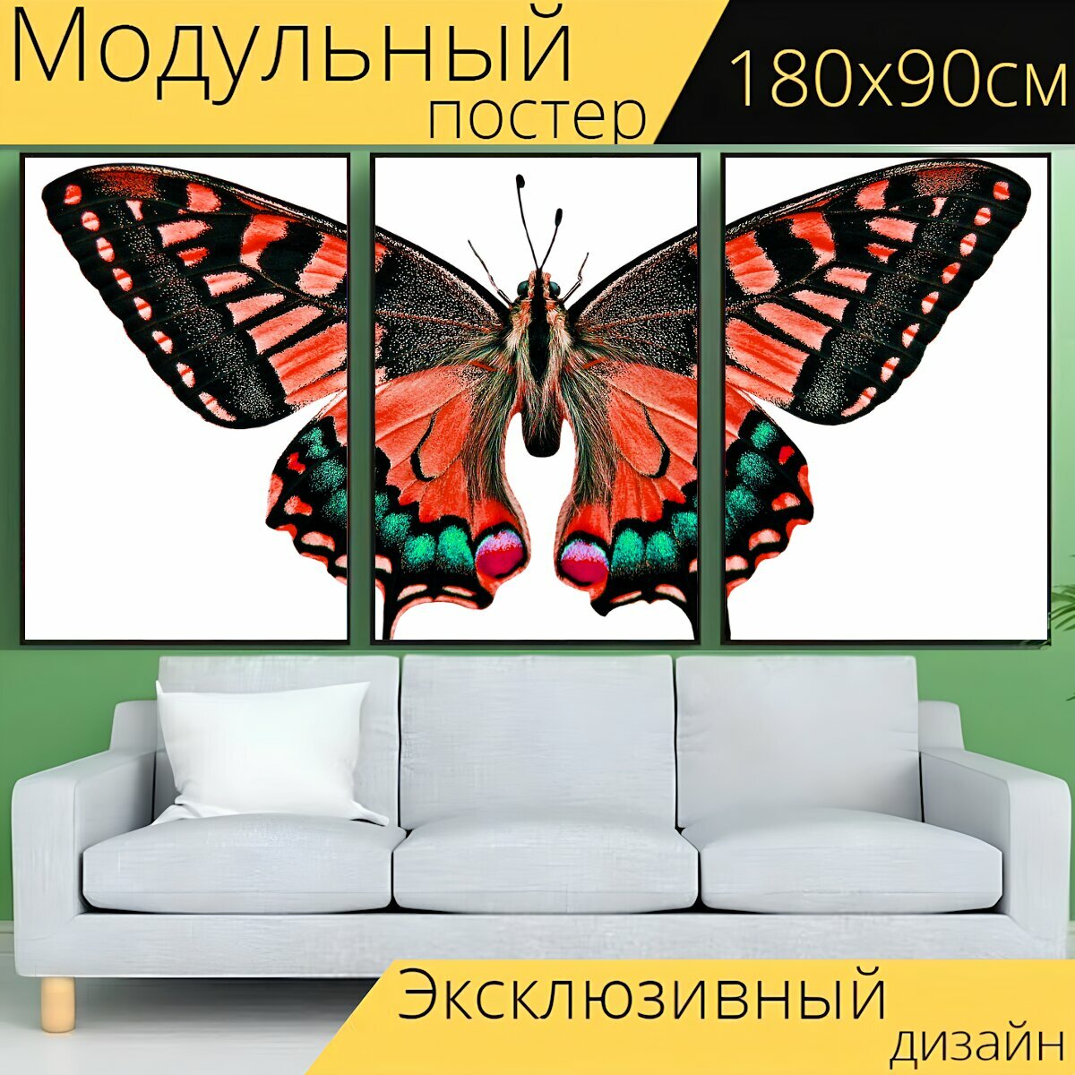 Модульный постер "Природа, животные, бабочка" 180 x 90 см. для интерьера на стену в тубусе