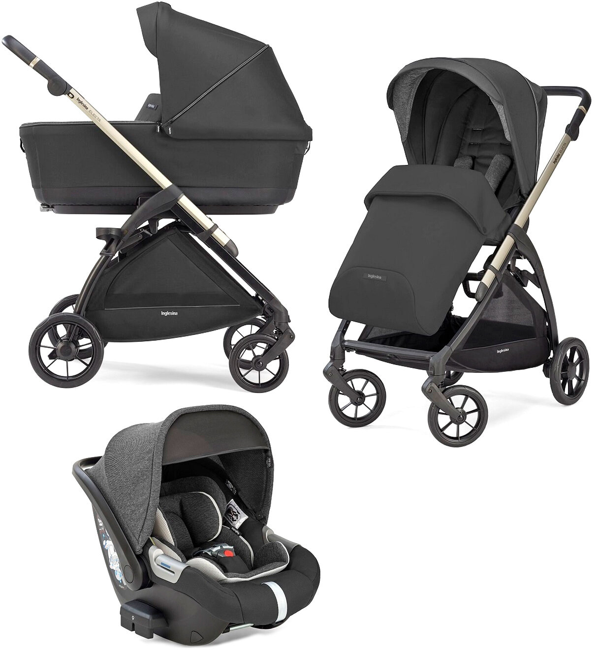 Коляска для новорожденных 3 в 1 Inglesina Electa Upper Black, люлька, автокресло, прогулочная, детская коляска, черная