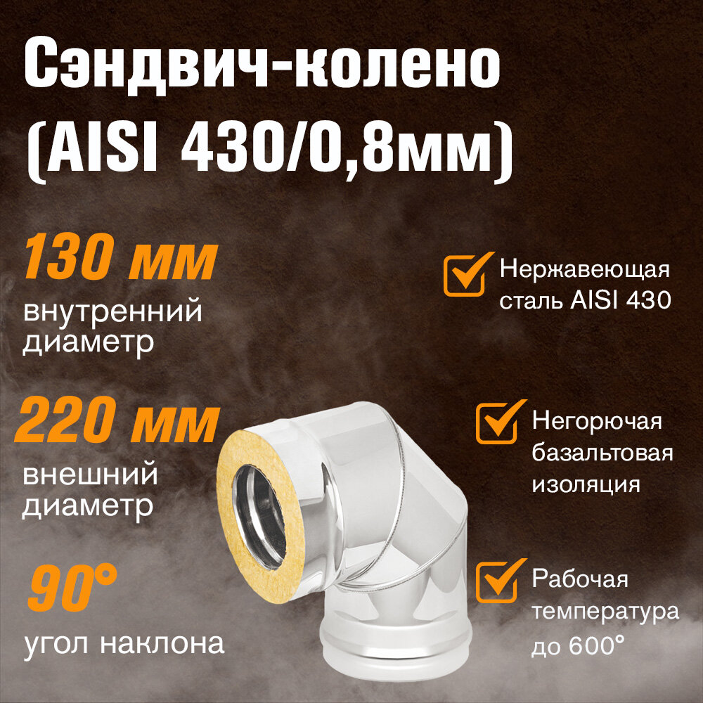 Сэндвич-колено для дымохода Нержавейка + Нержавейка (AISI 430/0,8мм) 90 градусов (130х220)