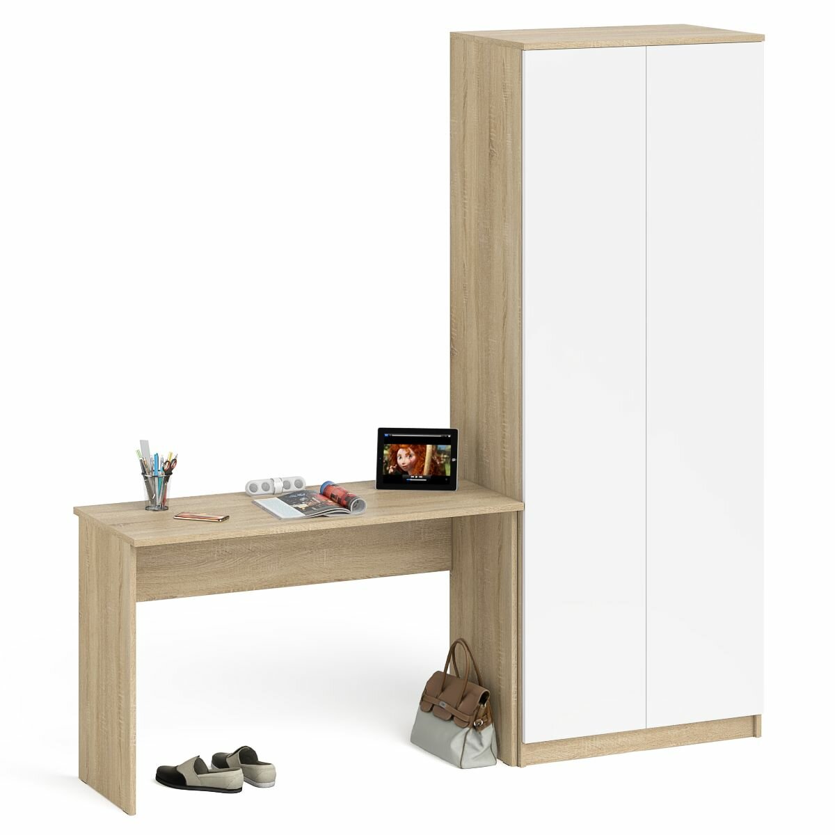 Письменный стол на СВК Мори 1200 и двудверный шкаф цвет дуб сонома/белый, 200,8х50,4х209,6 см.