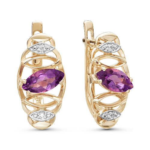 Серьги, золото, 585 проба, фианит, аметист