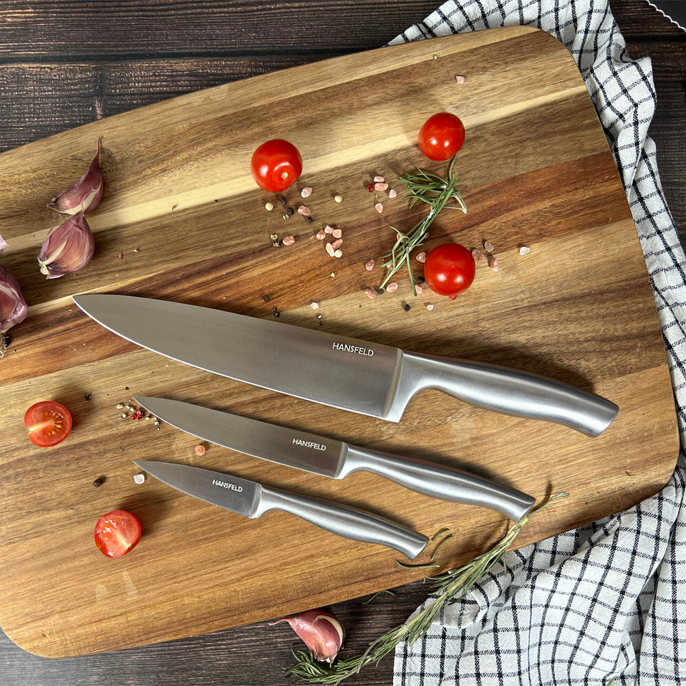 Набор кухонных ножей 3шт (овощной, универсальный, поварской) HANSFELD Aurora, нож для чистки овощей и фруктов, для нарезки колбасы, шеф нож поварской