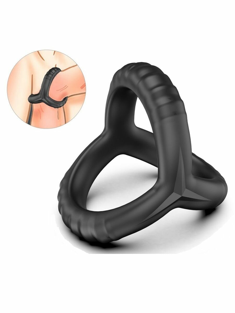 Двойное эластичное силиконое эрекционное кольцо для пениса и мошонки "BLACK SILICONE COCK RING AND BALL STRAP" 4.2см